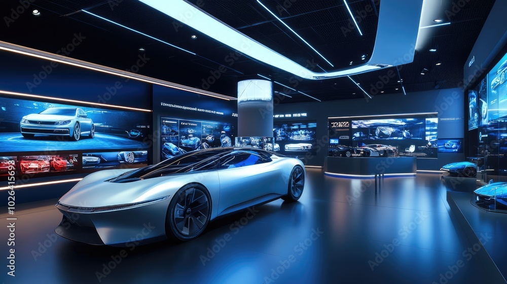High-tech car display stand with digital screens and interactive ...