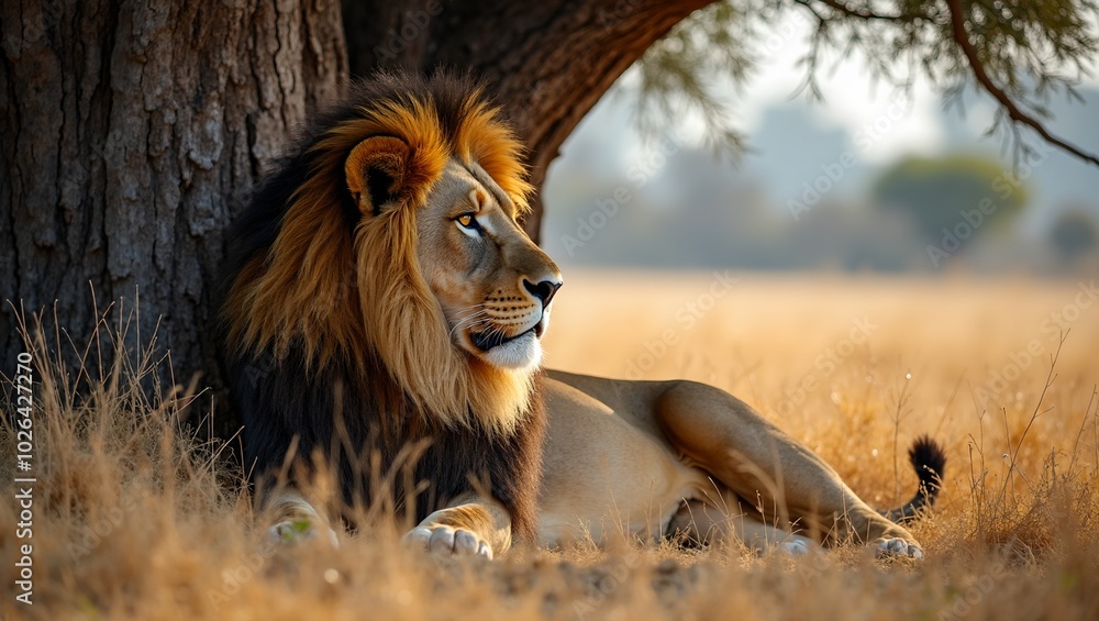 Regal lion resting under tree in African savannah mane blowing in wind ...