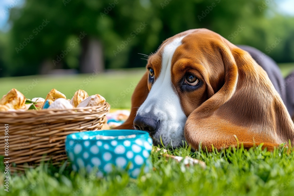 Basset Hound lazily sniffing around a picnic, its long ears dragging ...