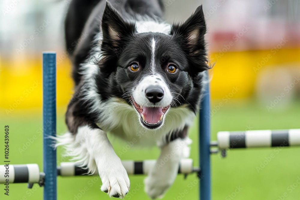 Border Collie navigating an agility course, weaving through poles and ...