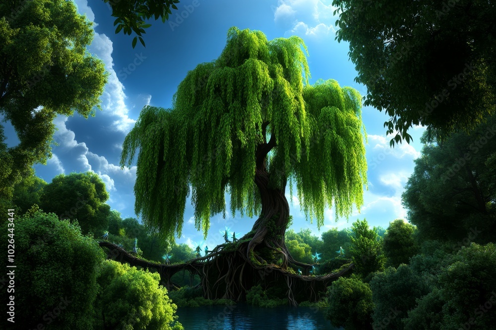 Fantasy forest with a towering willow tree, its branches forming ...
