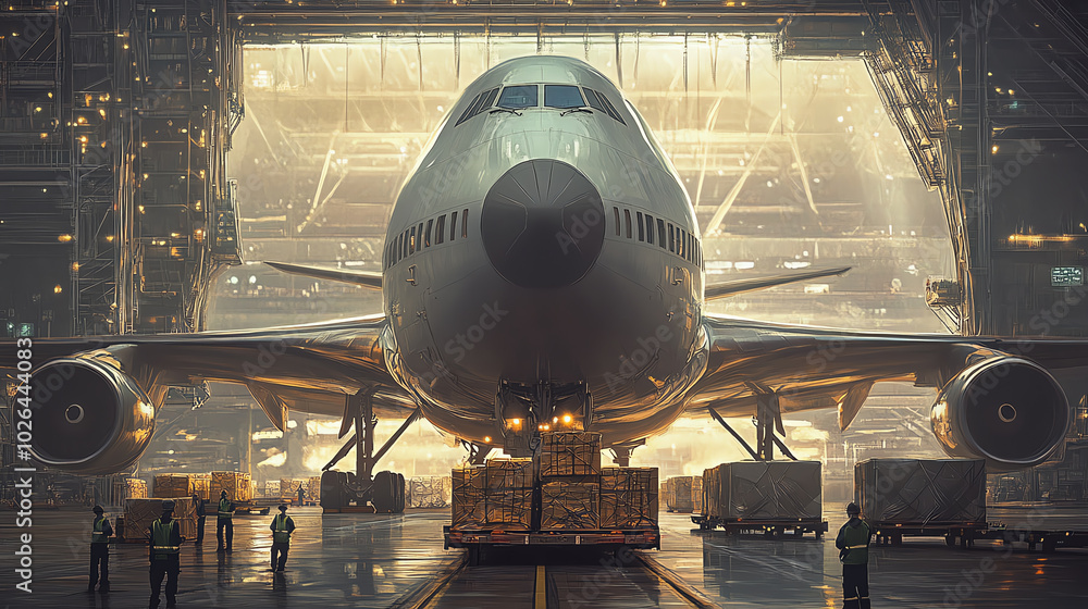 A front view of a cargo plane on a loading ramp, with workers directing ...
