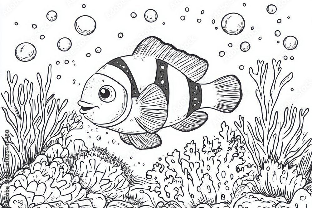 Coloring page of a happy clownfish swimming around a coral reef, with ...