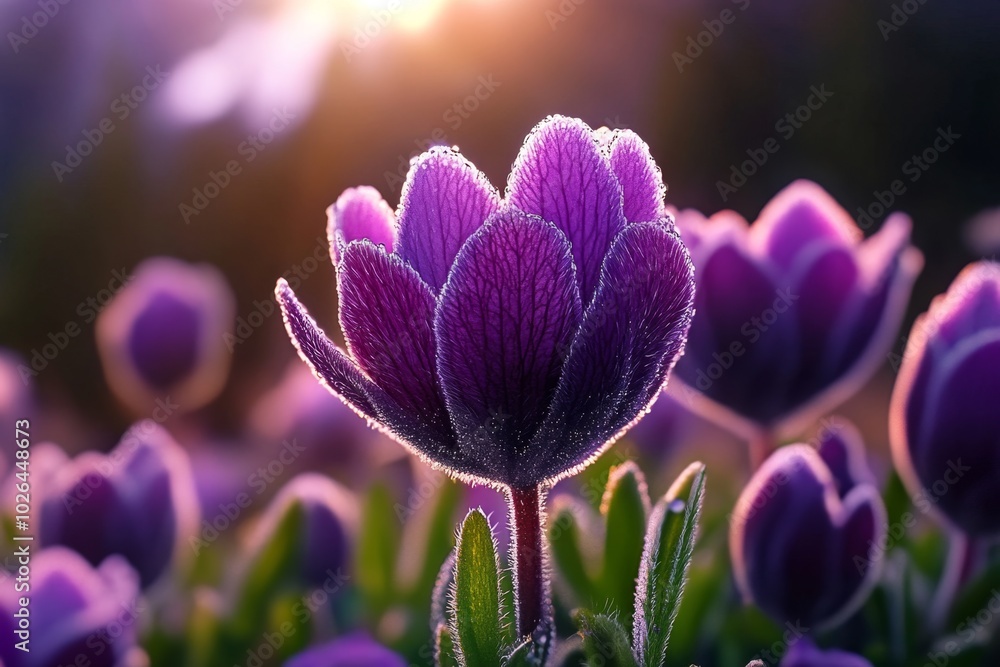 Pasque flower in a spring meadow, with every blade of grass and ...