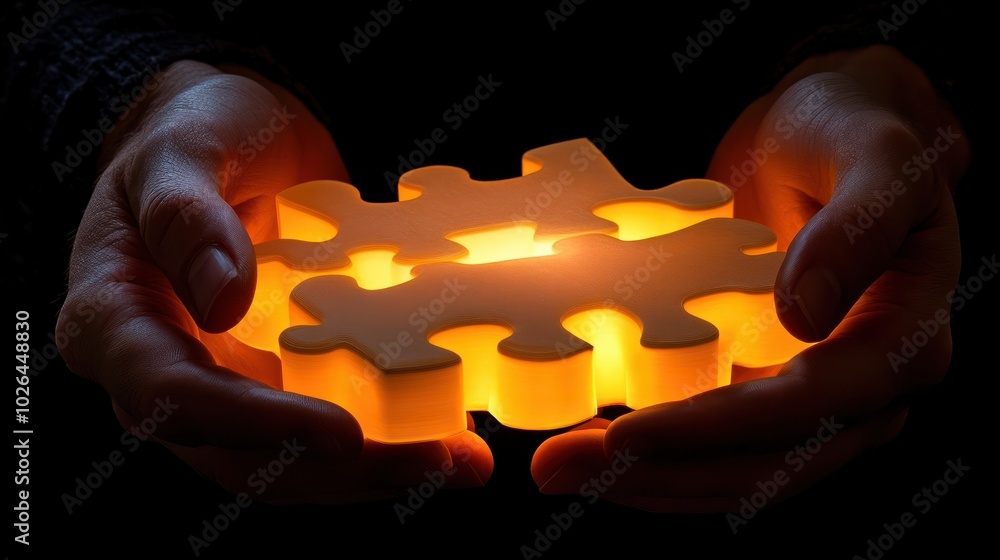 Hands holding a glowing 3D puzzle piece, fitting it into a larger ...