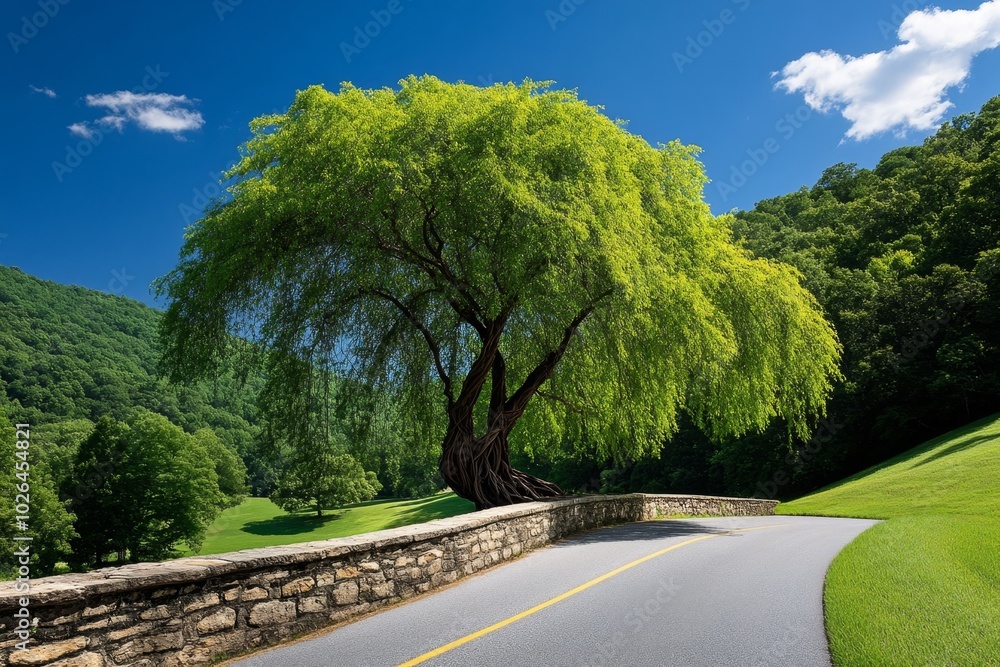 Willow tree growing beside an old stone bridge, its roots twisting into ...