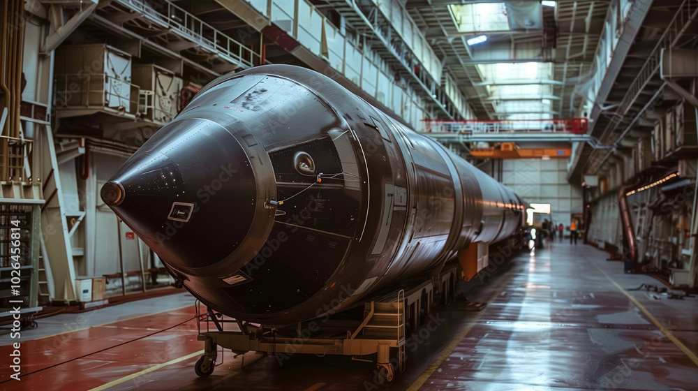 Massive ballistic missile in assembly facility. Industrial setting with ...