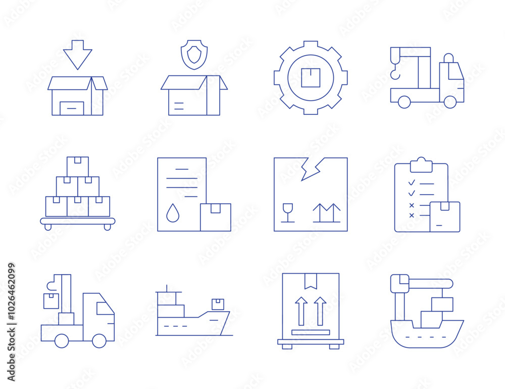 Logistics icons. Thin Line style, editable stroke. crane, ferry ...