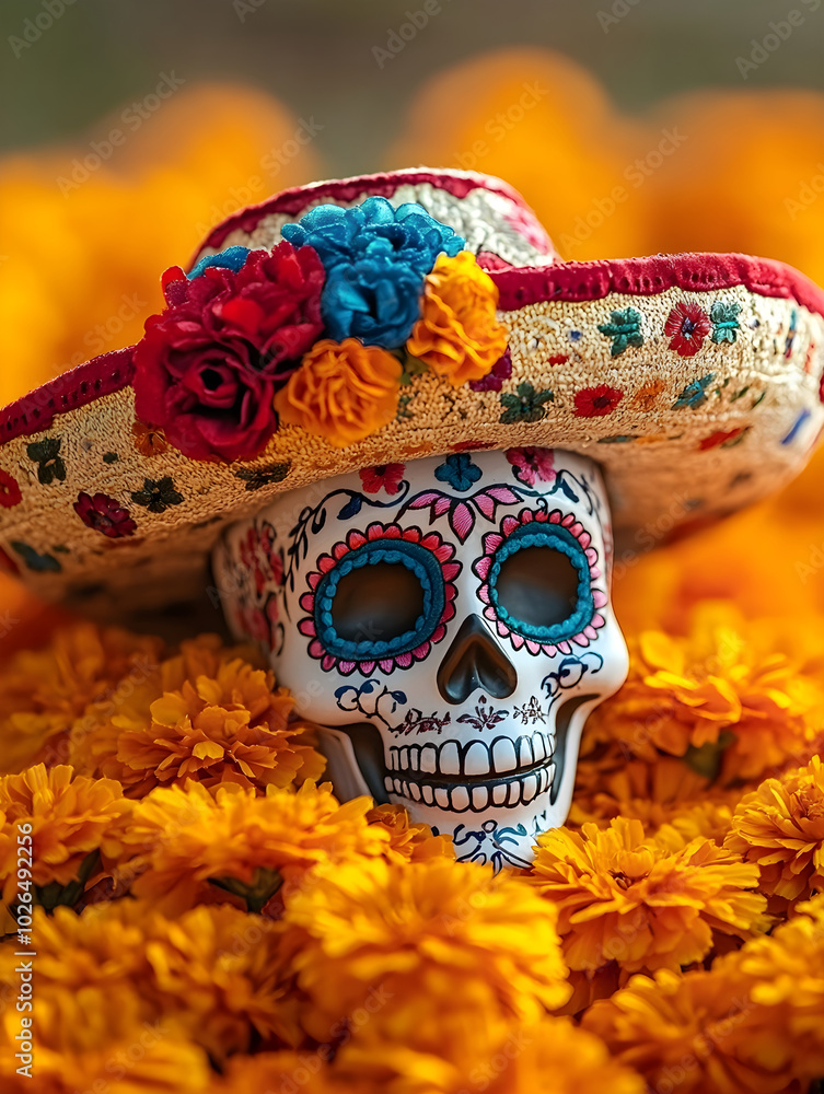 Mexican skeleton with sugar skull makeup and sombrero hat in marigold ...