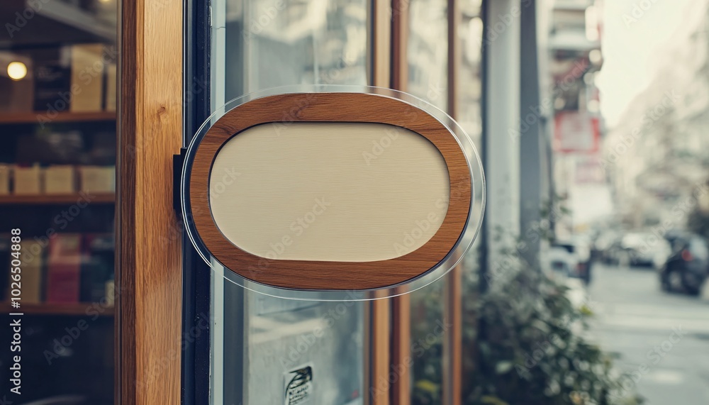 Elegant oval shop sign mockup showcasing isolated wooden design for ...