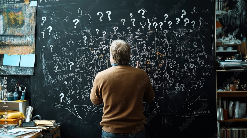 Man writing on a chalkboard filled with question marks, surrounded by ...