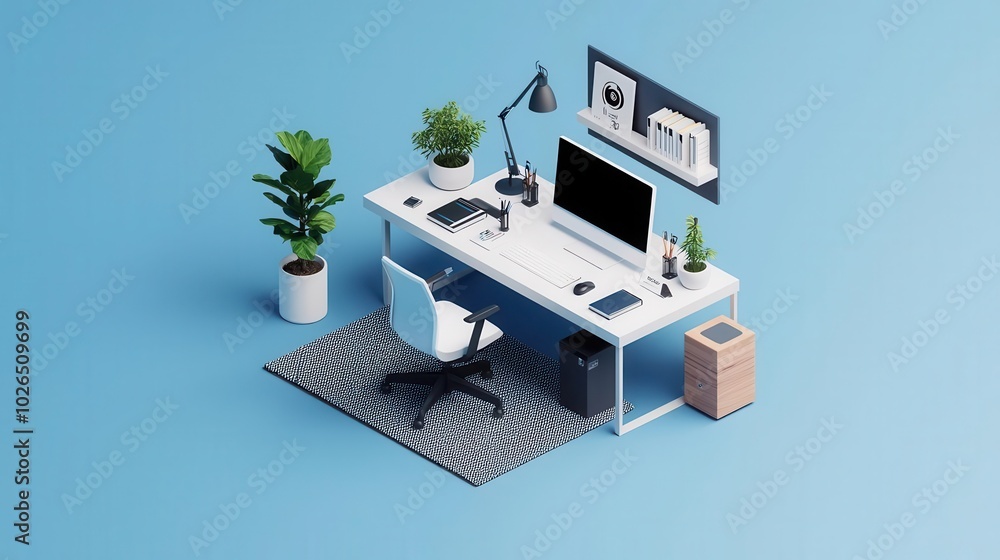 Isometric office space with smart desks, voiceactivated climate ...