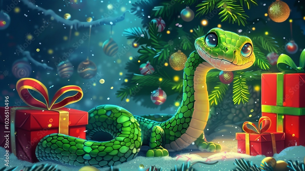 Cute green snake with gifts and Christmas tree in background. Symbol ...