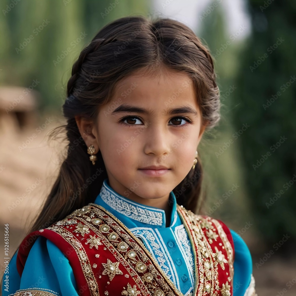 A young girl 5 years old of Tajik nationality stands outdoors, dressed ...