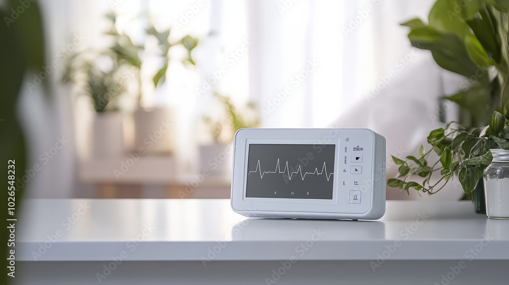 Heartbeat Monitor on Table: A close-up of a modern heartbeat monitor ...