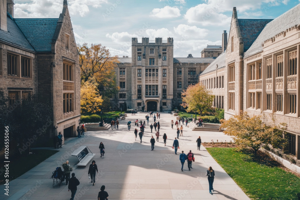 Students walking on the quad at Yale University under a canopy of trees ...