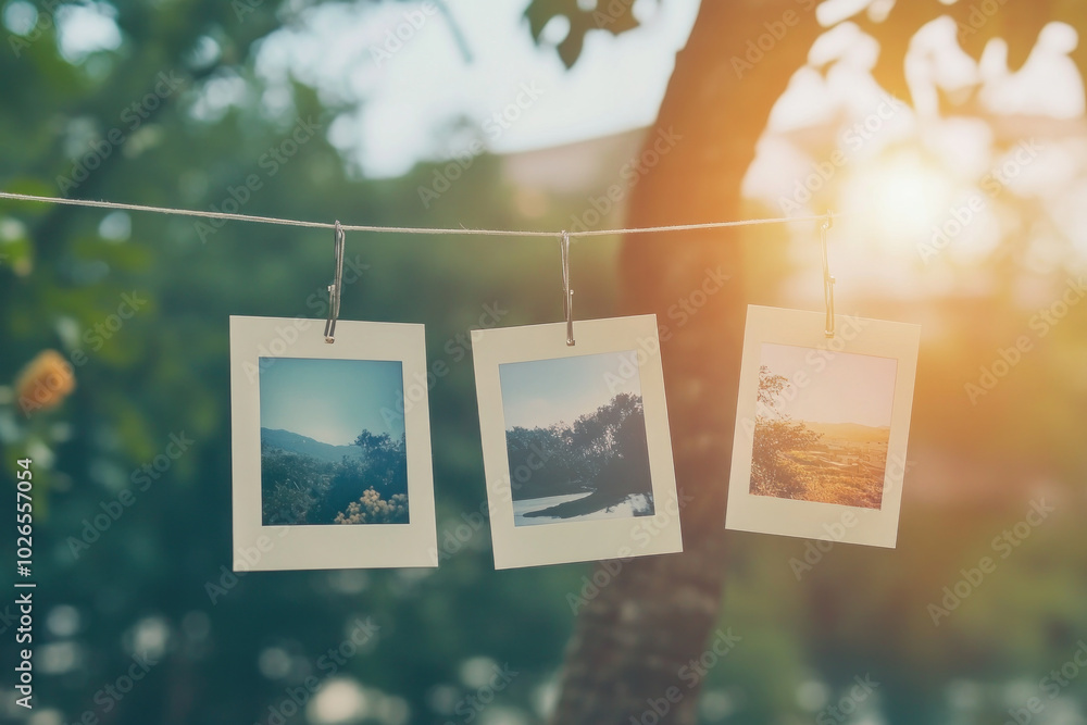 Three polaroids hanging on a clothesline in a vibrant urban setting ...