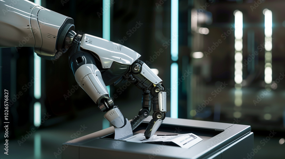 Robotic hand inserting ballot into voting box. Artificial intelligence in elections, automated ...