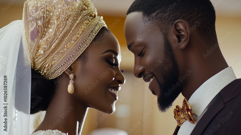 African bride and groom sharing intimate moment in traditional attire ...