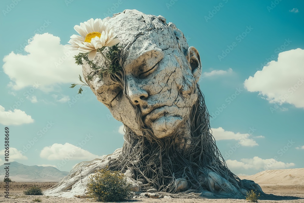 A Delicate Flower Blooming at the Base of a Massive, Crumbling Statue ...