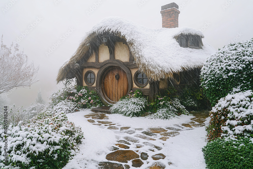 In a foggy setting, this cozy hobbit cottage in New Zealand, covered in ...