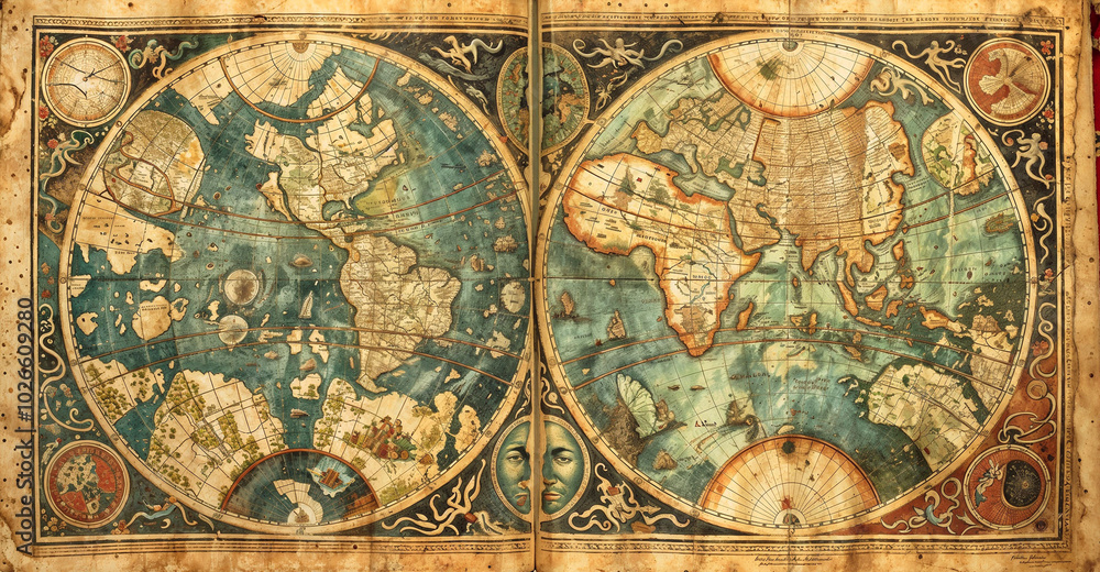 Antique medieval world map with ornate details. Illustration of double ...