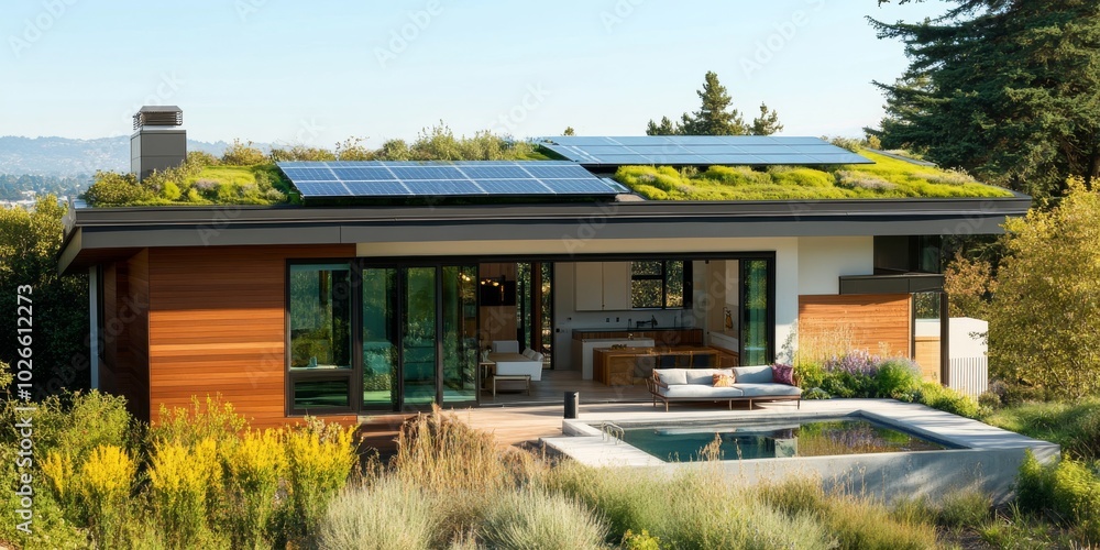 a home with an integrated green energy system, featuring solar panels ...
