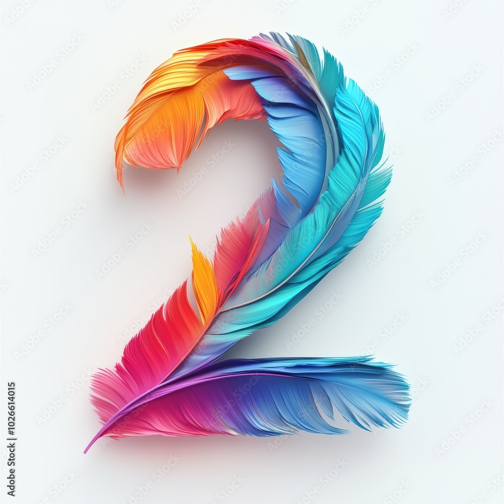 3D number 2 with colored bird feather texture realistic modern design ...