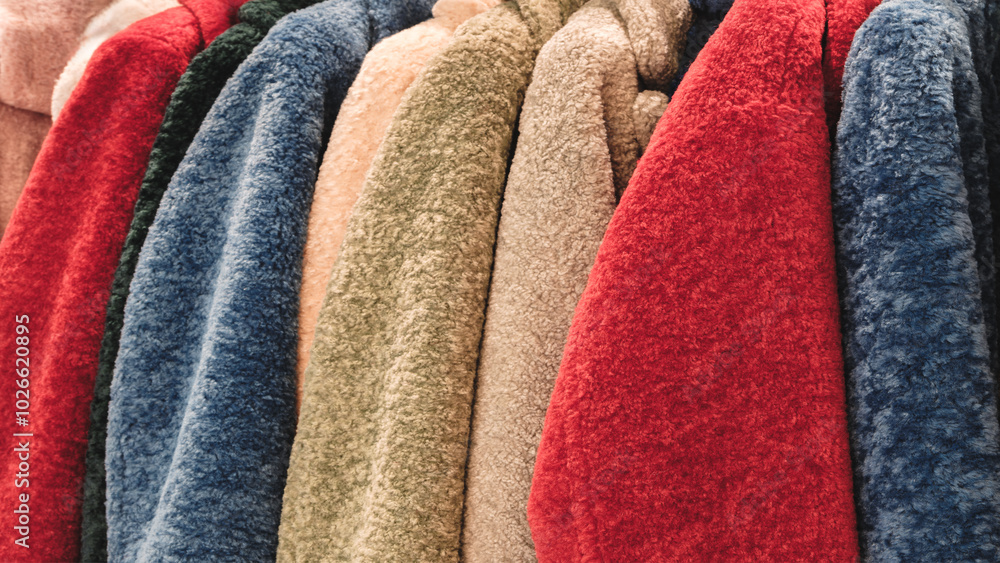 A row of colorful fuzzy jackets are displayed. The jackets are of ...
