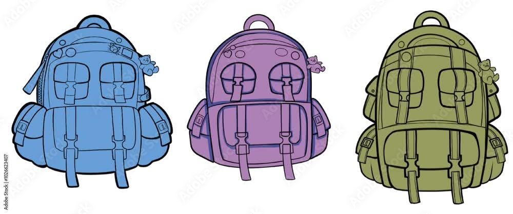 Drawing process line art cartoon children holographic backpack coloring ...