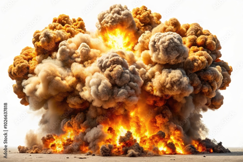 Massive tan explosion with smoke against a white background at standard ...