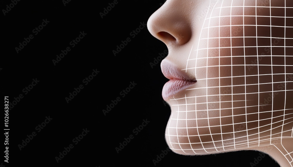 Side profile of a woman s face with facial grid markings, showcasing ...