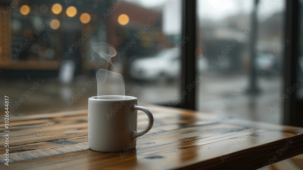 Cozy coffee shop ambiance, rain-soaked windows, warm steam rising from ...