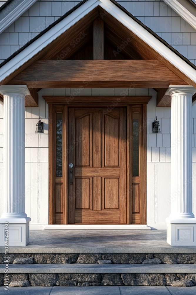 Main entrance door in house. Wooden front door with gabled porch and ...