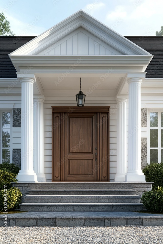 Main entrance door in house. Wooden front door with gabled porch and ...