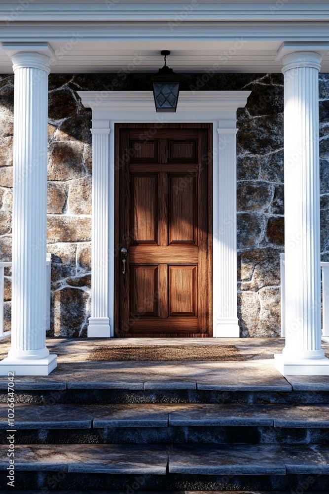 Main entrance door in house. Wooden front door with gabled porch and ...