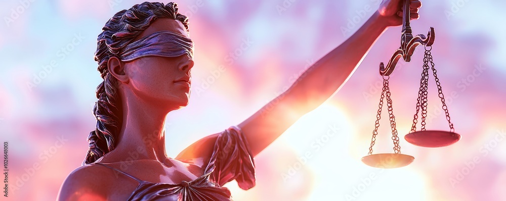 A towering statue of Lady Justice, blindfolded and holding scales in ...
