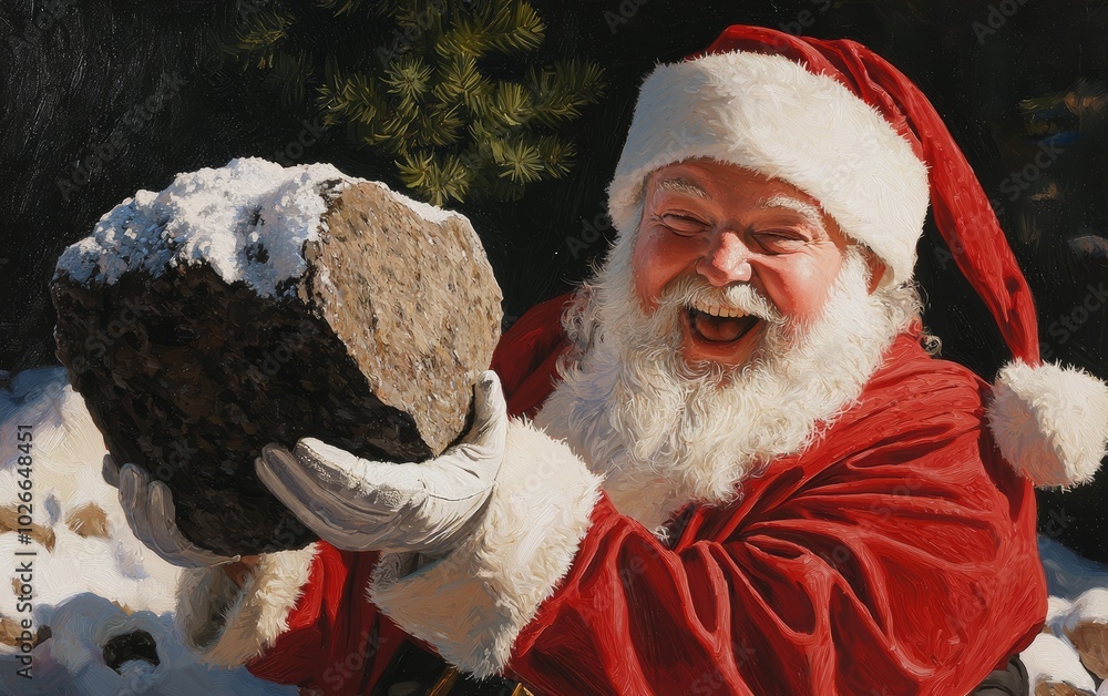 Santa laughing mischievously as he places a giant lump of coal in a ...