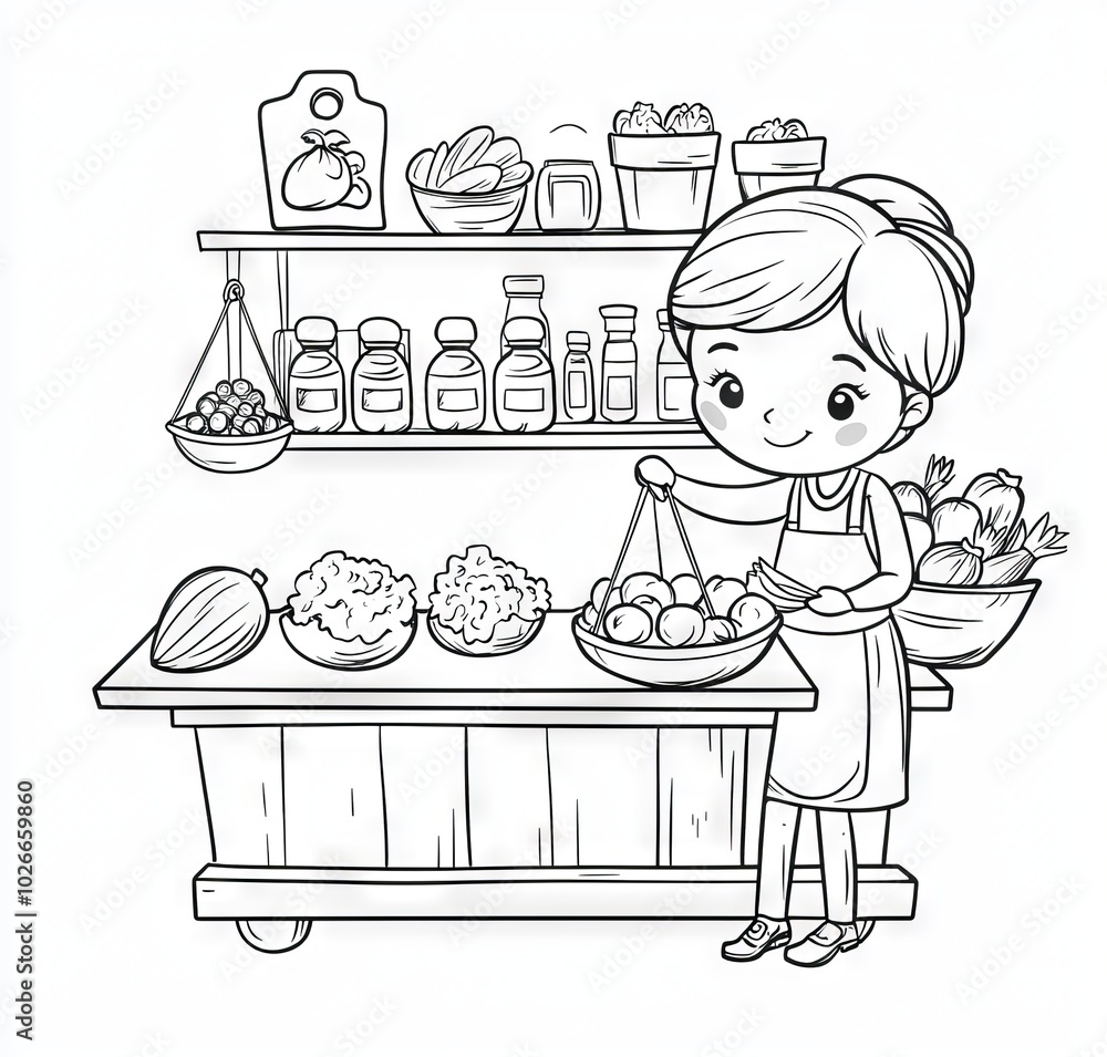 The greengrocer in a market stands behind a counter surrounded by ...