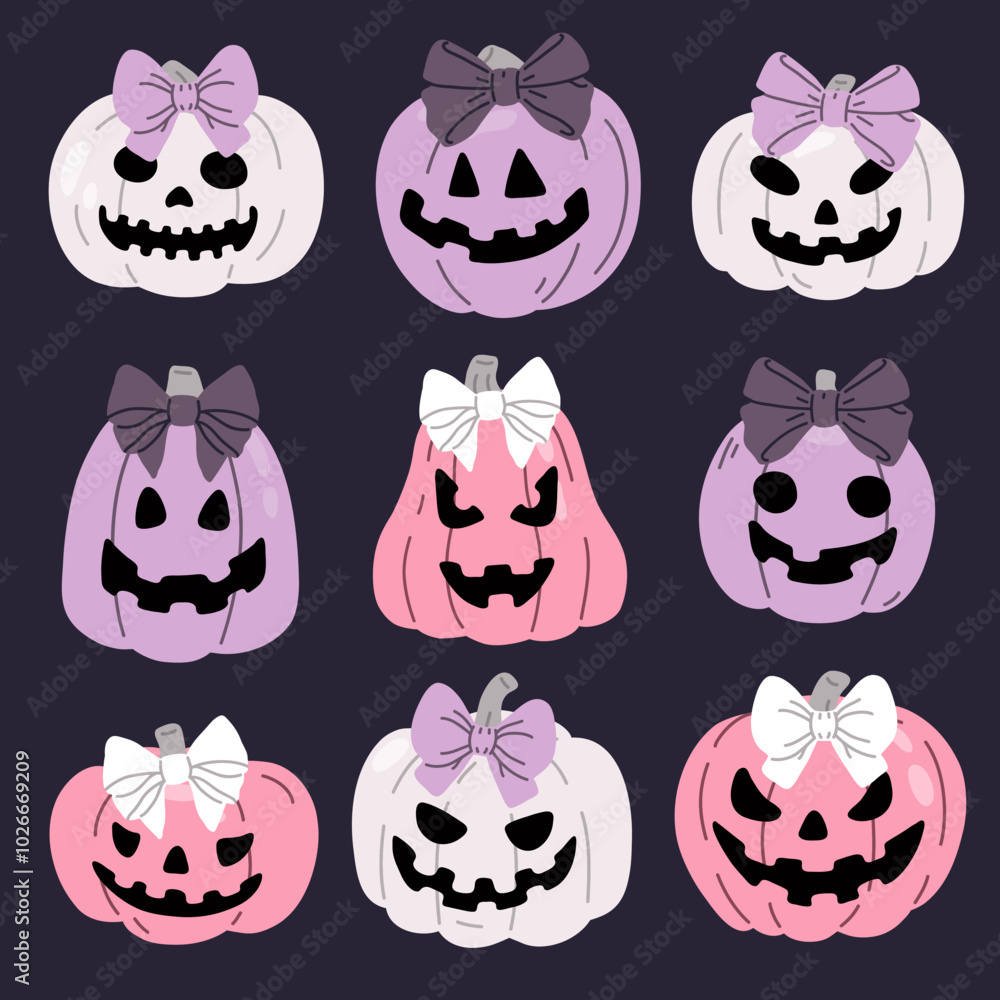 Vector illustration set of cute doodle Jack o Lantern pumpkins with ...