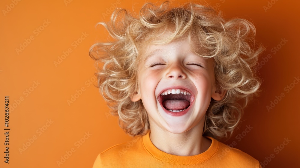 A joyous child with curly blonde hair laughs openly against a vibrant ...