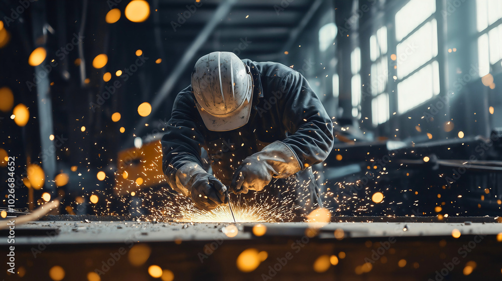 Construction welding metal beams, sparks flying during industrial work ...