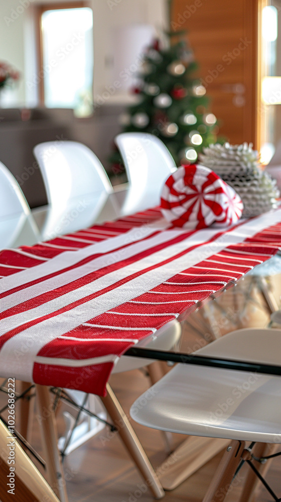 A vibrant Christmas table runner with a red and white candy cane stripe ...