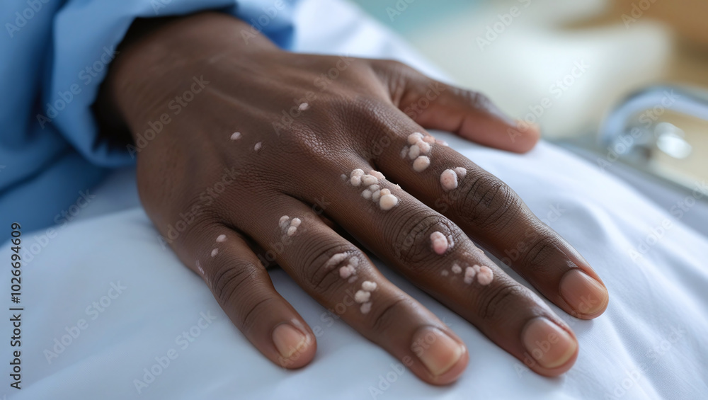 Skin symptoms of monkeypox on hand of a black African adult, mpox ...