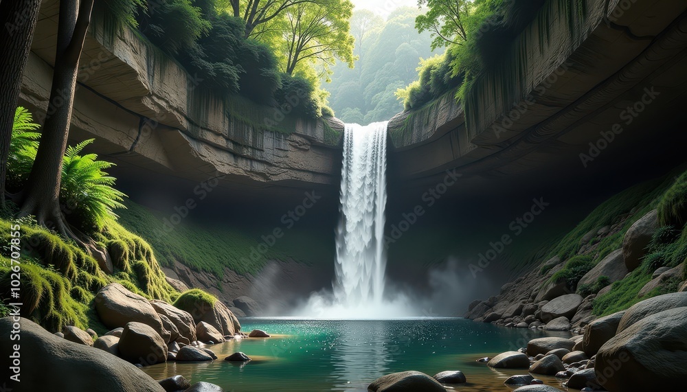 A hidden waterfall deep in the forest, with ancient religious symbols ...