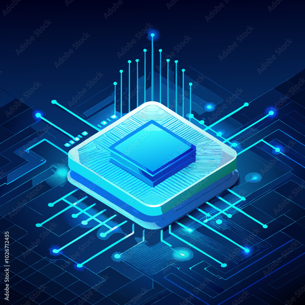 Glowing light blue neon AI chip with thin circuit contact lines. AI ...