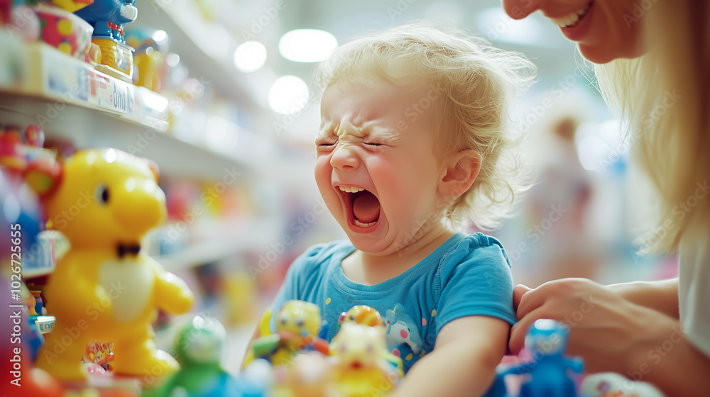 Crying child in a toy store wanting a new toy. A young child is crying ...