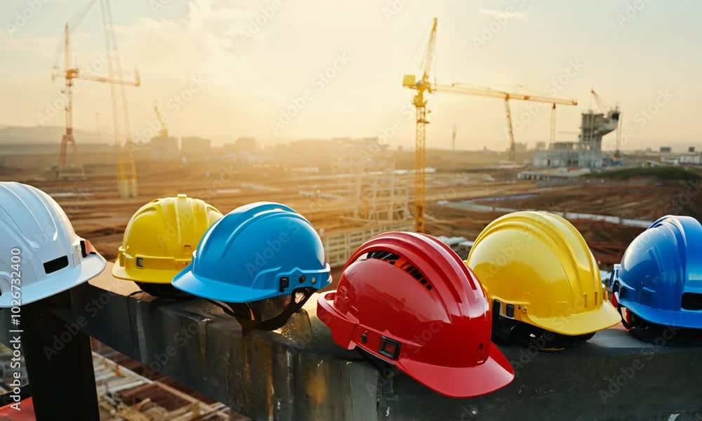 variety of colored safety helmets on a construction site represents ...