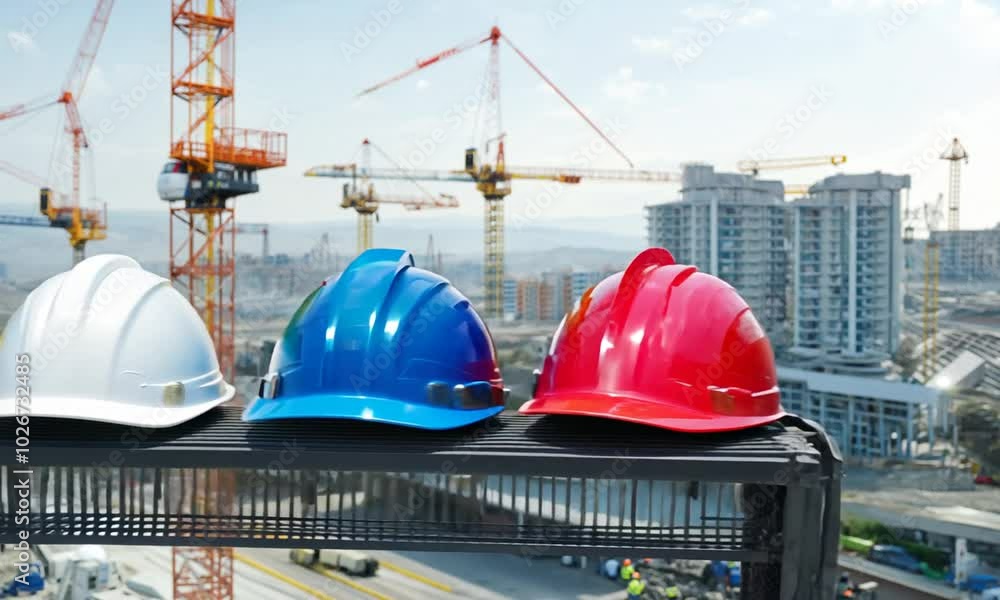variety of colored safety helmets on a construction site represents ...