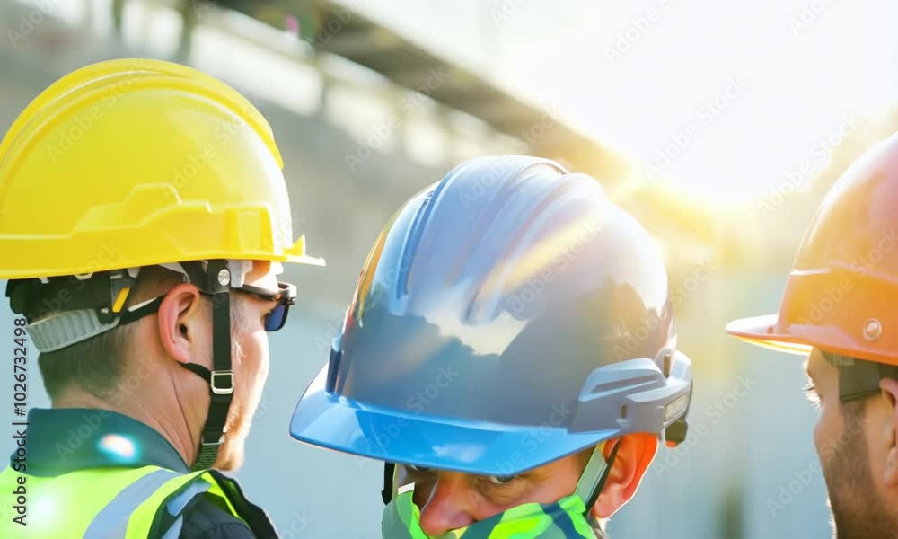 variety of colored safety helmets on a construction site represents ...